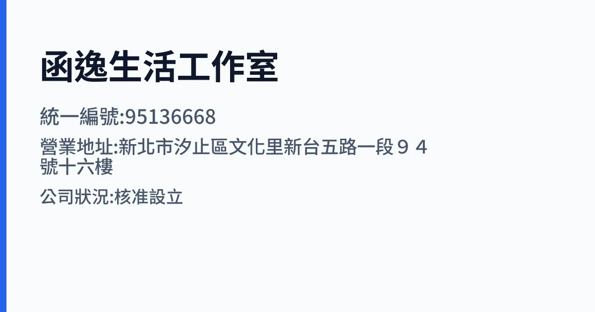 函逸生活工作室 - 統編 95136668(新北市) 公司登記資料與營業項目詳細圖表