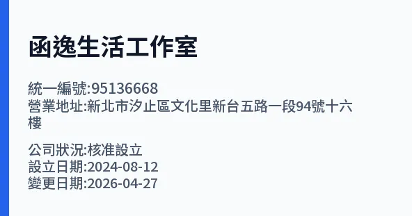 函逸生活工作室的照片-統編 95136668(新北市) 公司登記資料與營業項目詳細圖表