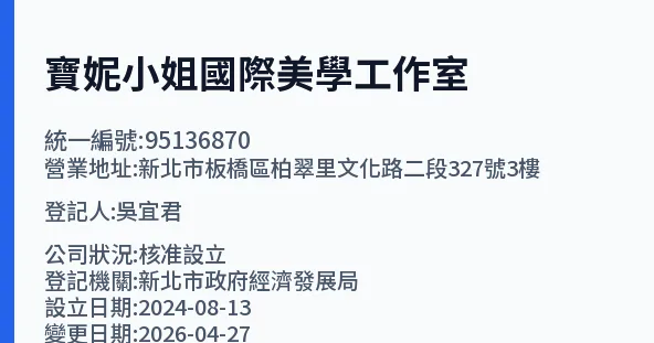 寶妮小姐國際美學工作室的照片-統編 95136870(新北市) 公司登記資料與營業項目詳細圖表