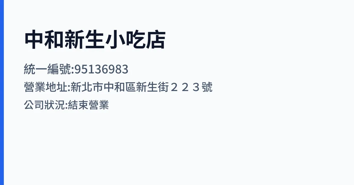 中和新生小吃店 - 統編 95136983(新北市) 公司登記資料與營業項目詳細圖表