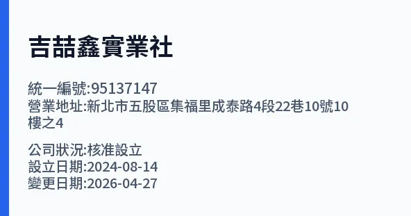 吉喆鑫實業社的照片-統編 95137147(新北市) 公司登記資料與營業項目詳細圖表