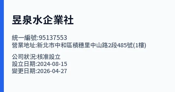 昱泉水企業社的照片-統編 95137553(新北市) 公司登記資料與營業項目詳細圖表