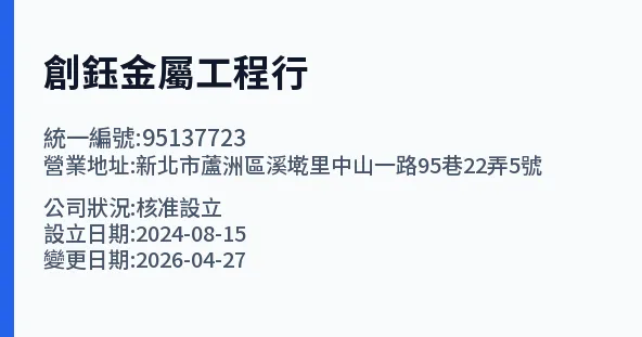 創鈺金屬工程行的照片-統編 95137723(新北市) 公司登記資料與營業項目詳細圖表
