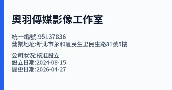奧羽傳媒影像工作室的照片-統編 95137836(新北市) 公司登記資料與營業項目詳細圖表