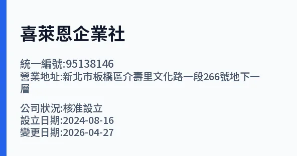 喜萊恩企業社的照片-統編 95138146(新北市) 公司登記資料與營業項目詳細圖表