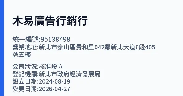 木易廣告行銷行的照片-統編 95138498(新北市) 公司登記資料與營業項目詳細圖表