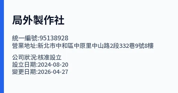 局外製作社的照片-統編 95138928(新北市) 公司登記資料與營業項目詳細圖表