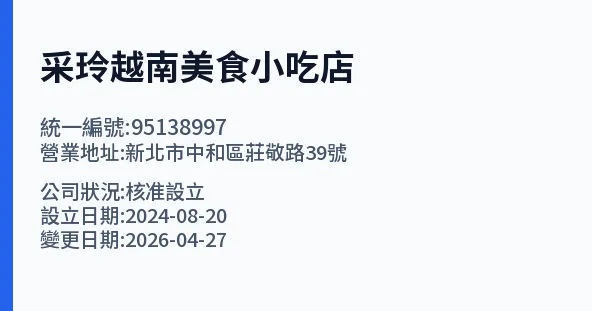 采玲越南美食小吃店的照片-統編 95138997(新北市) 公司登記資料與營業項目詳細圖表