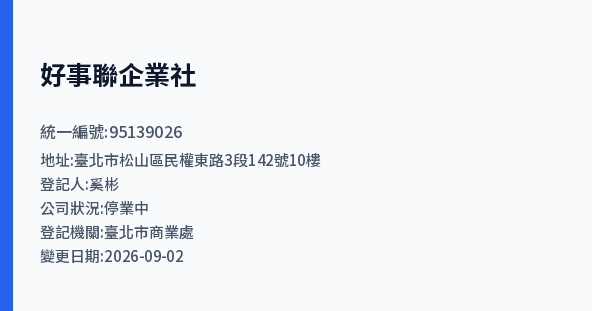 好事聯企業社的照片-統編 95139026(臺北市) 公司登記資料與營業項目詳細圖表