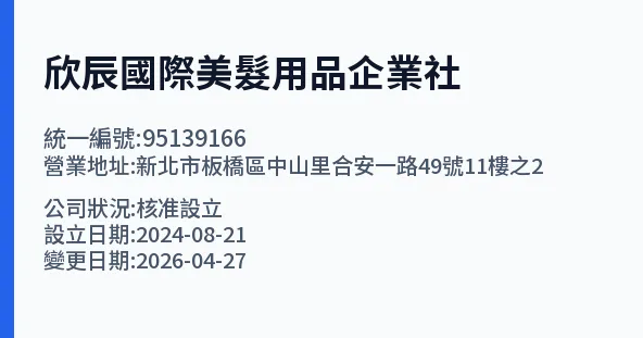 欣辰國際美髮用品企業社的照片-統編 95139166(新北市) 公司登記資料與營業項目詳細圖表
