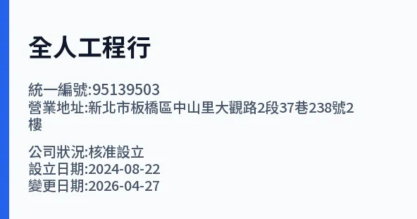 全人工程行的照片-統編 95139503(新北市) 公司登記資料與營業項目詳細圖表