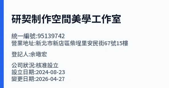 研契制作空間美學工作室的照片-統編 95139742(新北市) 公司登記資料與營業項目詳細圖表