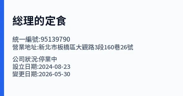 総理的定食的照片-統編 95139790(新北市) 公司登記資料與營業項目詳細圖表