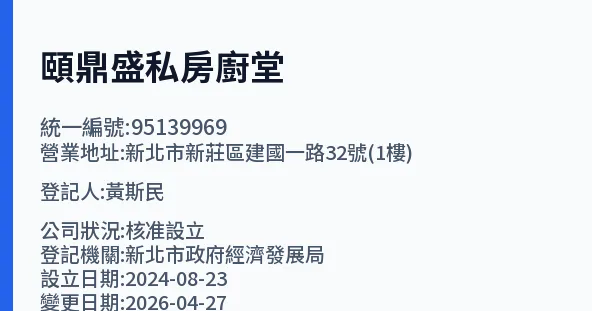 頤鼎盛私房廚堂的照片-統編 95139969(新北市) 公司登記資料與營業項目詳細圖表