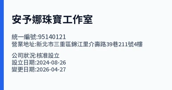 安予娜珠寶工作室的照片-統編 95140121(新北市) 公司登記資料與營業項目詳細圖表