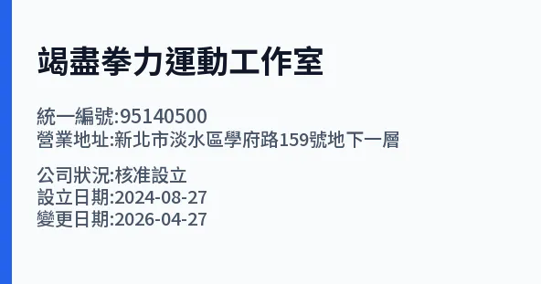 竭盡拳力運動工作室的照片-統編 95140500(新北市) 公司登記資料與營業項目詳細圖表