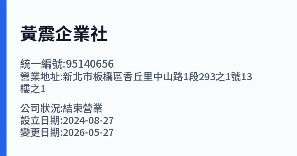 黃震企業社的照片-統編 95140656(新北市) 公司登記資料與營業項目詳細圖表