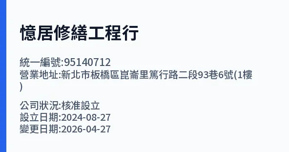 憶居修繕工程行的照片-統編 95140712(新北市) 公司登記資料與營業項目詳細圖表