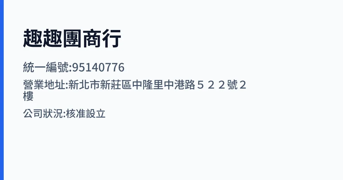 趣趣團商行 - 統編 95140776(新北市) 公司登記資料與營業項目詳細圖表