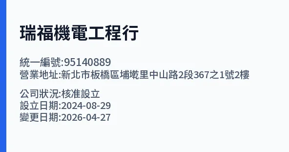 瑞福機電工程行的照片-統編 95140889(新北市) 公司登記資料與營業項目詳細圖表