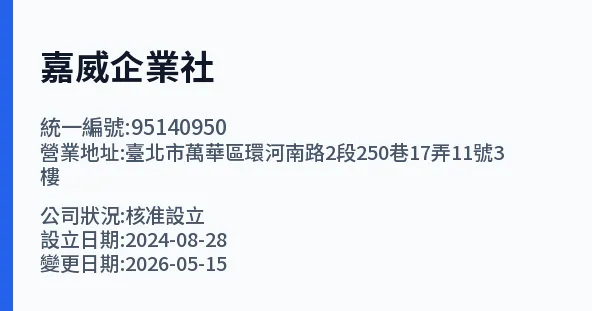 嘉威企業社的照片-統編 95140950(臺北市) 公司登記資料與營業項目詳細圖表