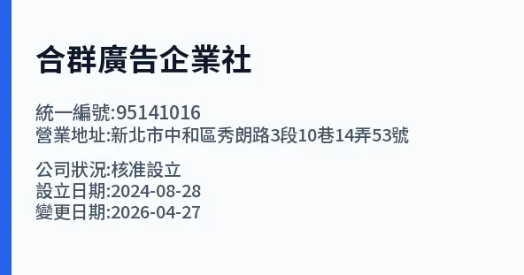 合群廣告企業社的照片-統編 95141016(新北市) 公司登記資料與營業項目詳細圖表