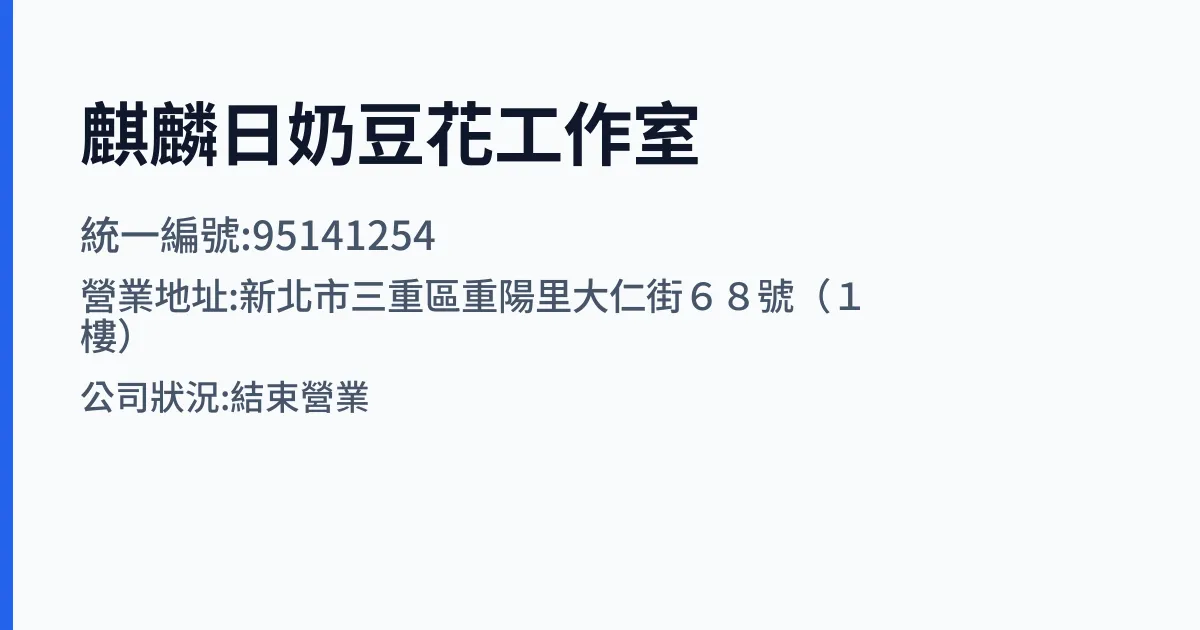 麒麟日奶豆花工作室 - 統編 95141254(新北市) 公司登記資料與營業項目詳細圖表
