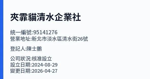 夾霏貓清水企業社的照片-統編 95141276(新北市) 公司登記資料與營業項目詳細圖表