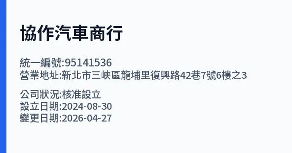 協作汽車商行的照片-統編 95141536(新北市) 公司登記資料與營業項目詳細圖表