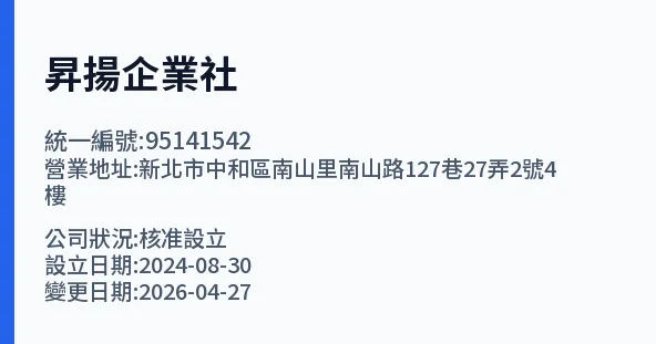 昇揚企業社的照片-統編 95141542(新北市) 公司登記資料與營業項目詳細圖表