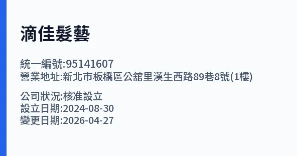 滴佳髮藝的照片-統編 95141607(新北市) 公司登記資料與營業項目詳細圖表