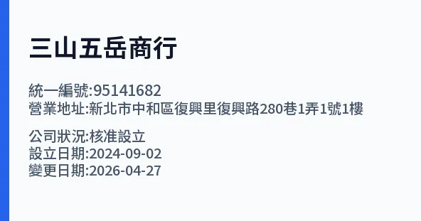 三山五岳商行的照片-統編 95141682(新北市) 公司登記資料與營業項目詳細圖表