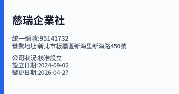 慈瑞企業社的照片-統編 95141732(新北市) 公司登記資料與營業項目詳細圖表