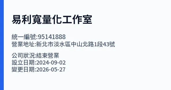 易利寬量化工作室的照片-統編 95141888(新北市) 公司登記資料與營業項目詳細圖表