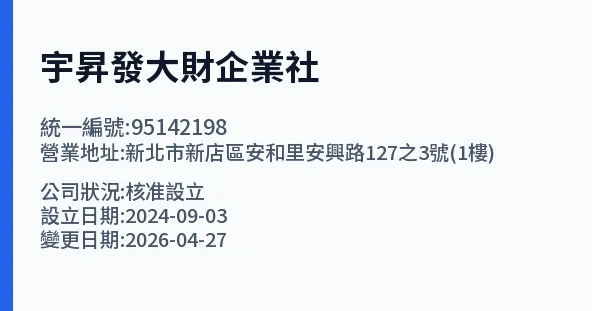 宇昇發大財企業社的照片-統編 95142198(新北市) 公司登記資料與營業項目詳細圖表