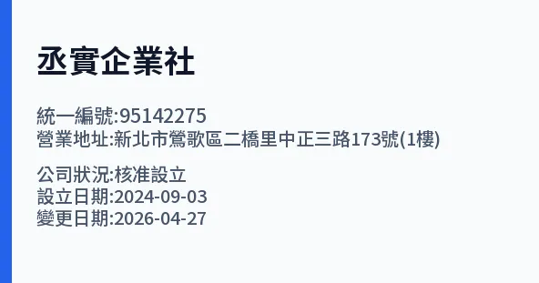 丞實企業社的照片-統編 95142275(新北市) 公司登記資料與營業項目詳細圖表