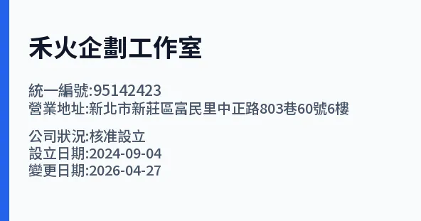 禾火企劃工作室的照片-統編 95142423(新北市) 公司登記資料與營業項目詳細圖表