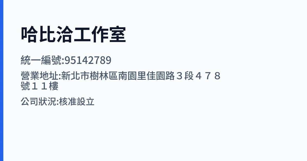 哈比洽工作室 - 統編 95142789(新北市) 公司登記資料與營業項目詳細圖表