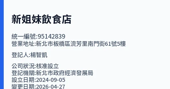 新姐妹飲食店的照片-統編 95142839(新北市) 公司登記資料與營業項目詳細圖表