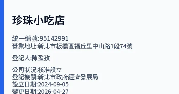 珍珠小吃店的照片-統編 95142991(新北市) 公司登記資料與營業項目詳細圖表