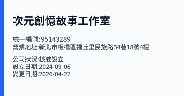次元創憶故事工作室的照片-統編 95143289(新北市) 公司登記資料與營業項目詳細圖表