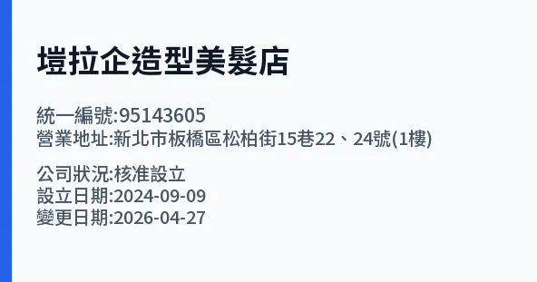 塏拉企造型美髮店的照片-統編 95143605(新北市) 公司登記資料與營業項目詳細圖表