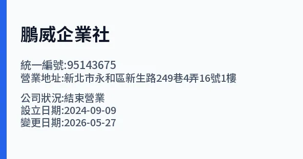 鵬威企業社的照片-統編 95143675(新北市) 公司登記資料與營業項目詳細圖表