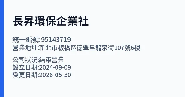 長昇環保企業社的照片-統編 95143719(新北市) 公司登記資料與營業項目詳細圖表