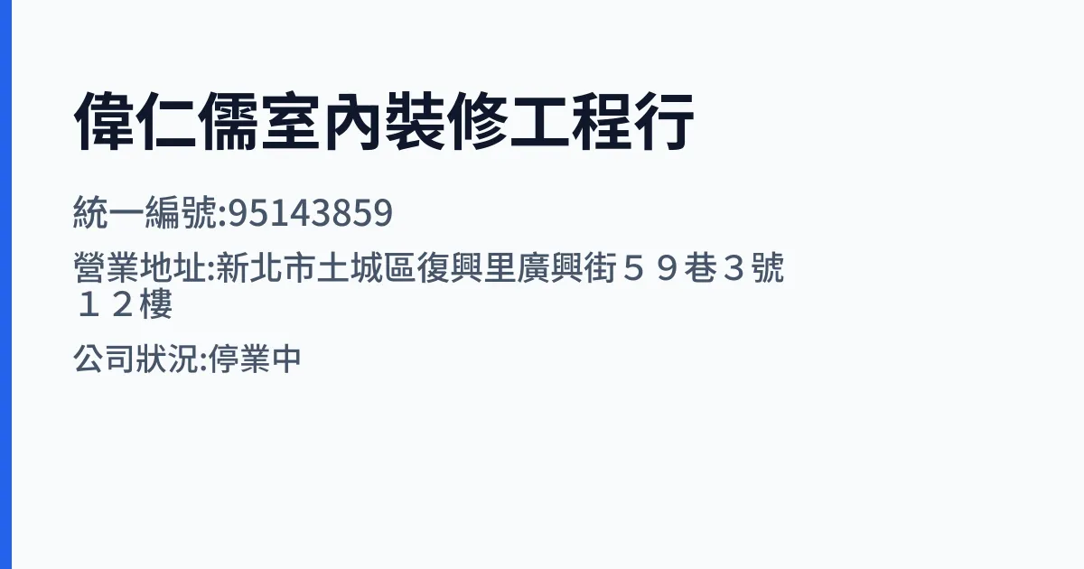 偉仁儒室內裝修工程行 - 統編 95143859(新北市) 公司登記資料與營業項目詳細圖表