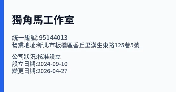 獨角馬工作室的照片-統編 95144013(新北市) 公司登記資料與營業項目詳細圖表