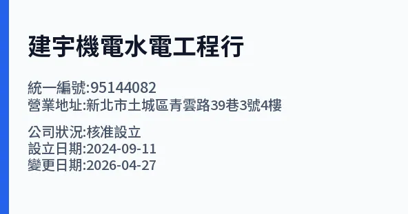 建宇機電水電工程行的照片-統編 95144082(新北市) 公司登記資料與營業項目詳細圖表