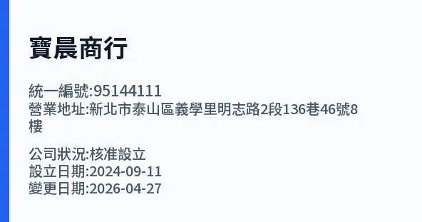 寶晨商行的照片-統編 95144111(新北市) 公司登記資料與營業項目詳細圖表