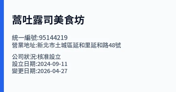 蒿吐露司美食坊的照片-統編 95144219(新北市) 公司登記資料與營業項目詳細圖表