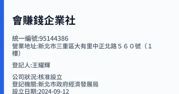 會賺錢企業社的照片-統編 95144386(新北市) 公司登記資料與營業項目詳細圖表